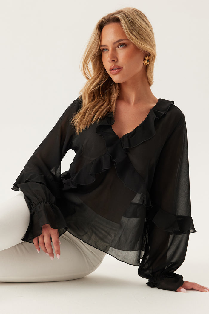 Bubbleroom – Open Back Frill Blouse – Blouses & shirts – Black