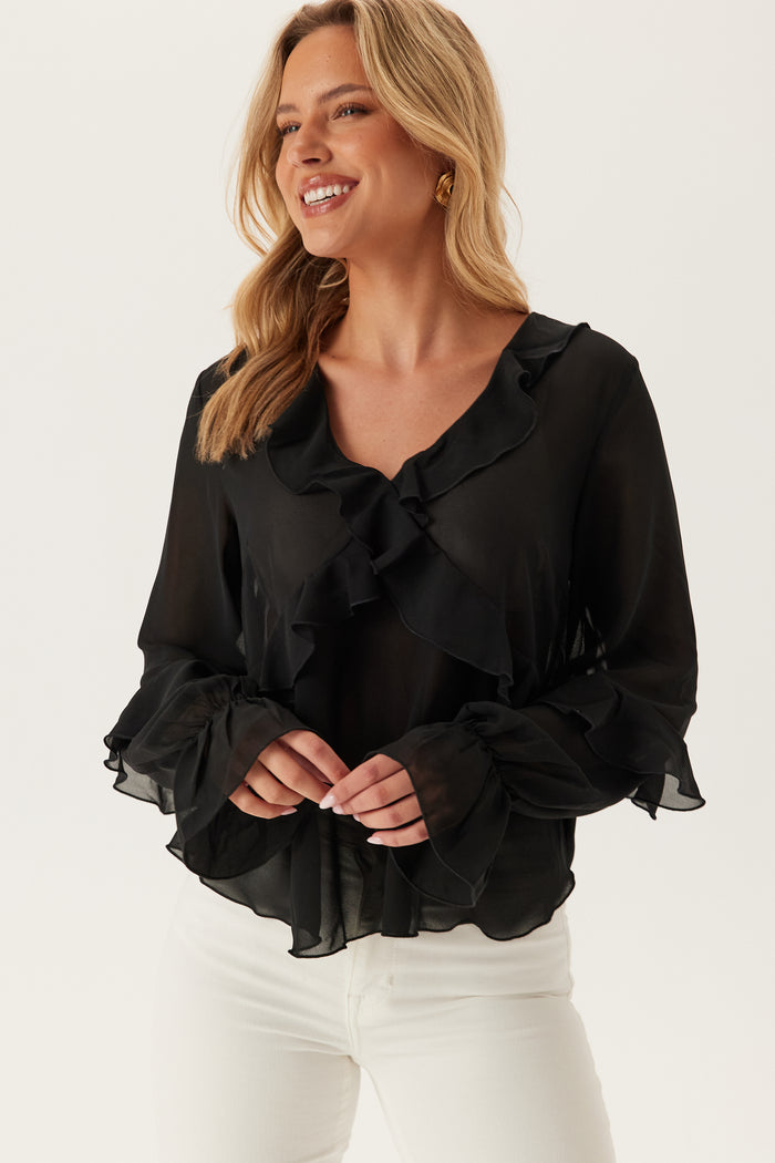 Bubbleroom – Open Back Frill Blouse – Blouses & shirts – Black